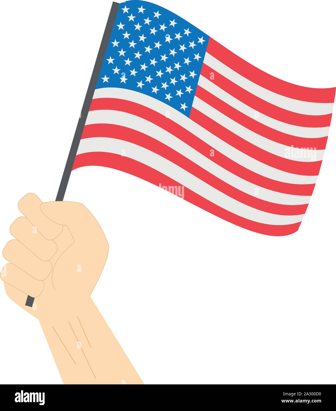 Hand holding and raising the national flag of United States of America ...