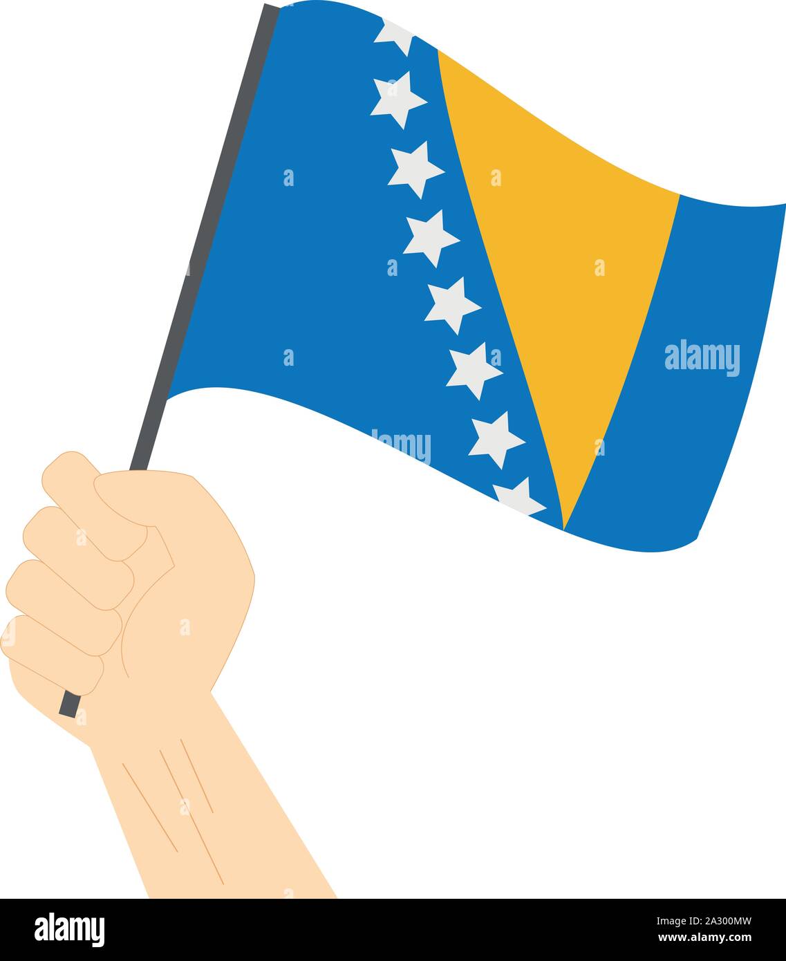 Hand holding and raising the national flag of Bosnia and Herzegovina ...