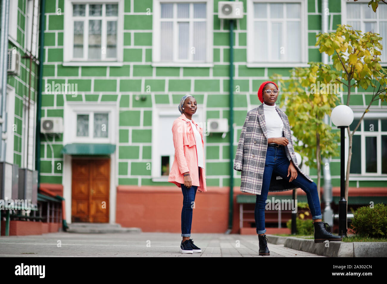 Two young modern fashionable, attractive, tall and slim african muslim ...