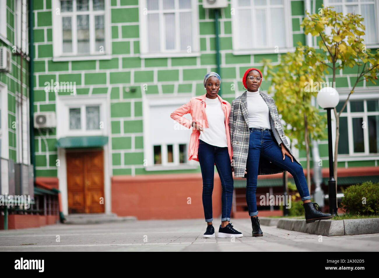 Two young modern fashionable, attractive, tall and slim african muslim ...