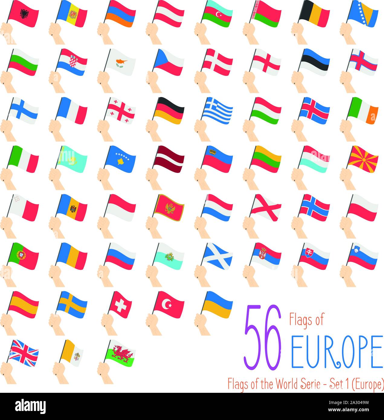 Set of 56 flags of Europe. Hand raising the national flags of 56 ...
