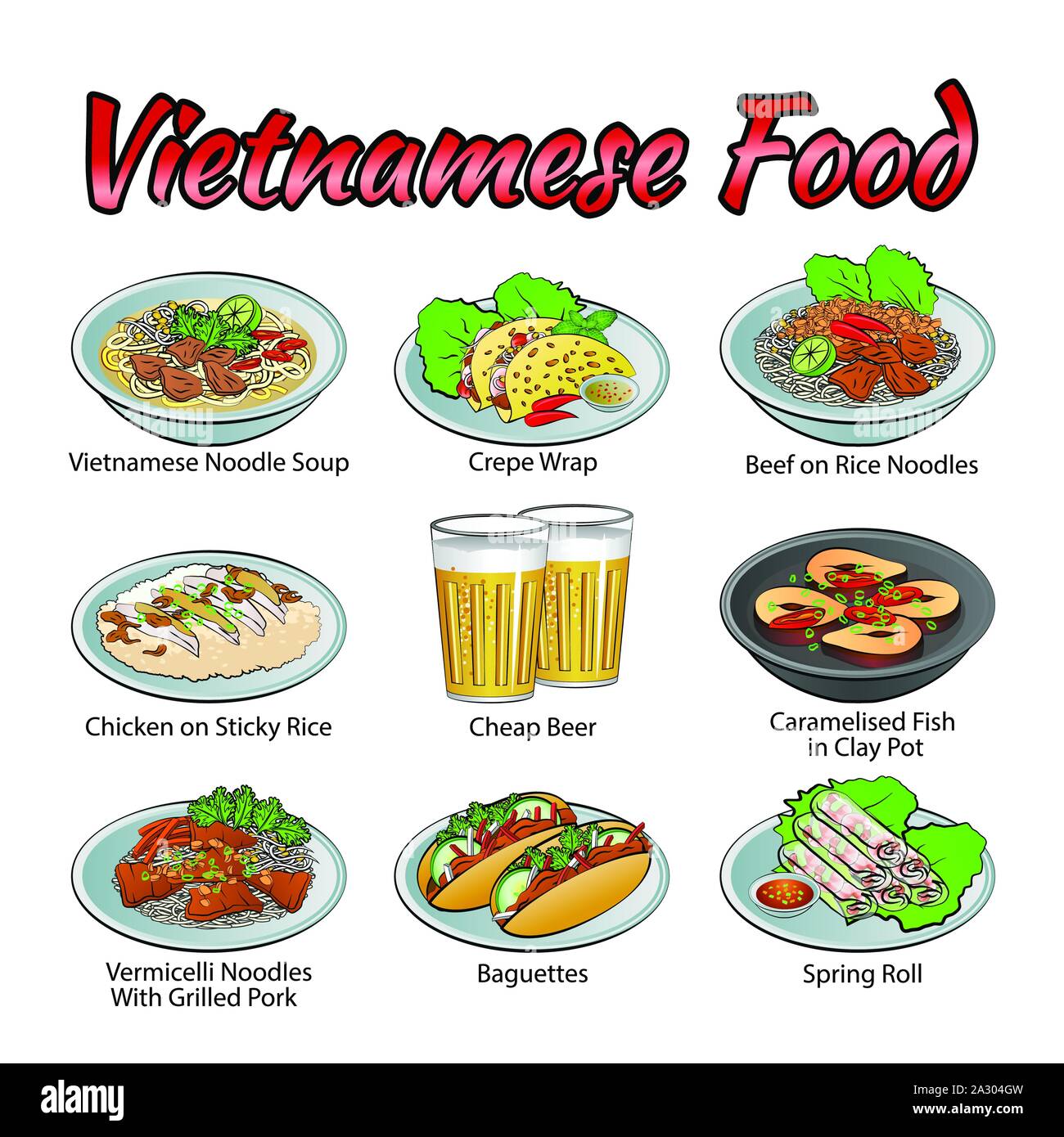 Set of delicious and famous food of Vietnam in colorful gradient design ...