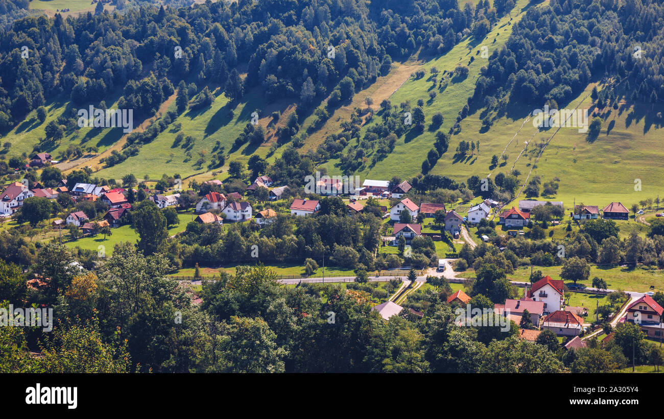 Summer alpine Transylvania landmark, landscape with green fields and ...