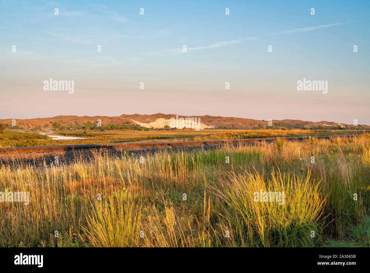 railway tracks along a valley of the Middle Loup River in Nebraska ...