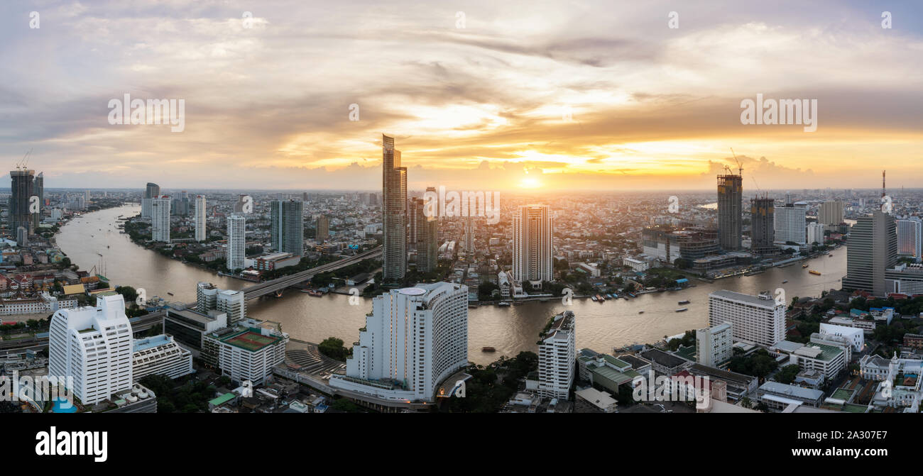 Landscape of Chao phraya river in Bangkok city in evening time with ...