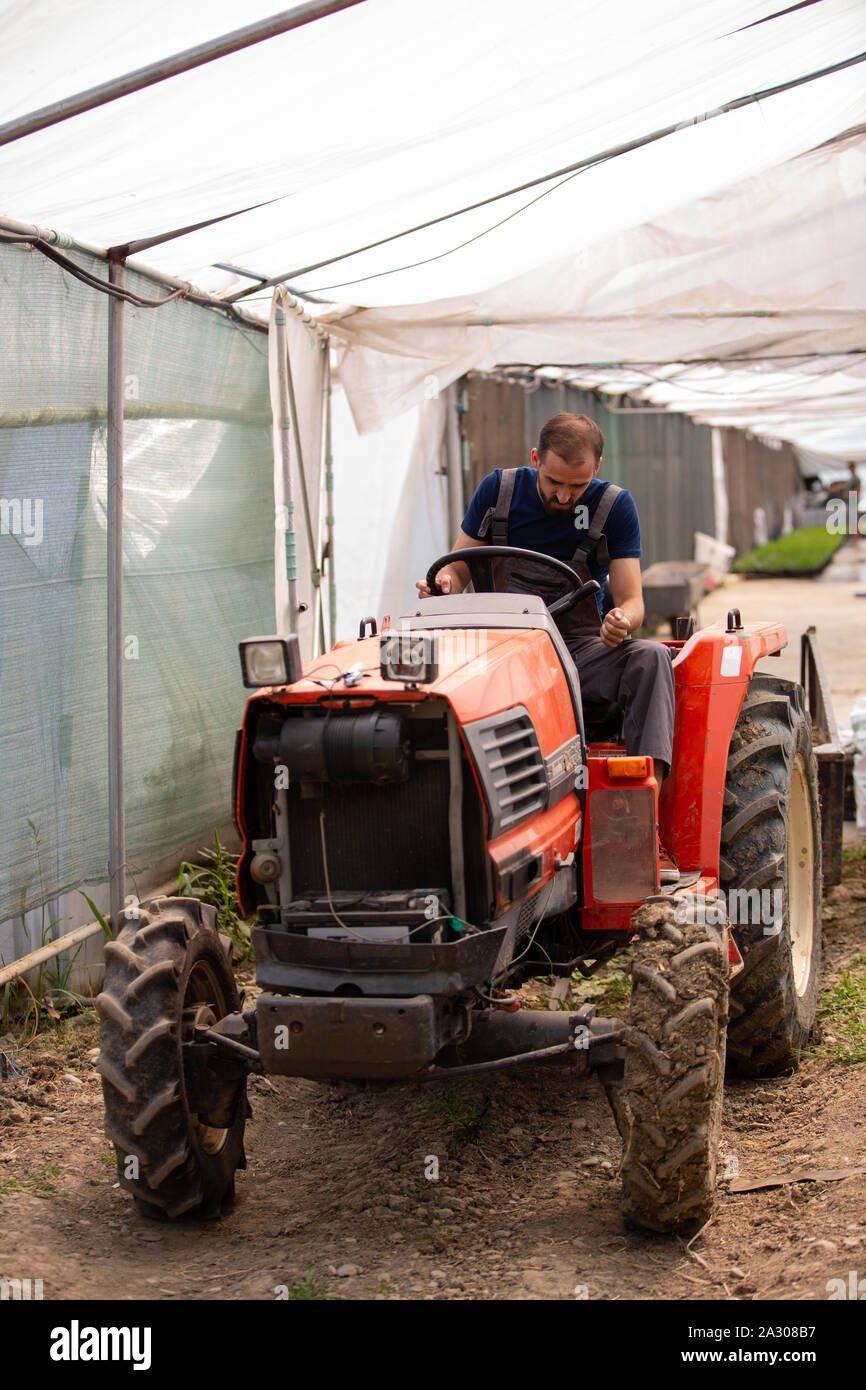 Worker trying to start a tractor at the greenhouse Stock Photo - Alamy