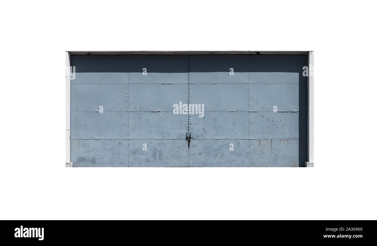 Closed blue metal gate isolated on white background, photo texture ...