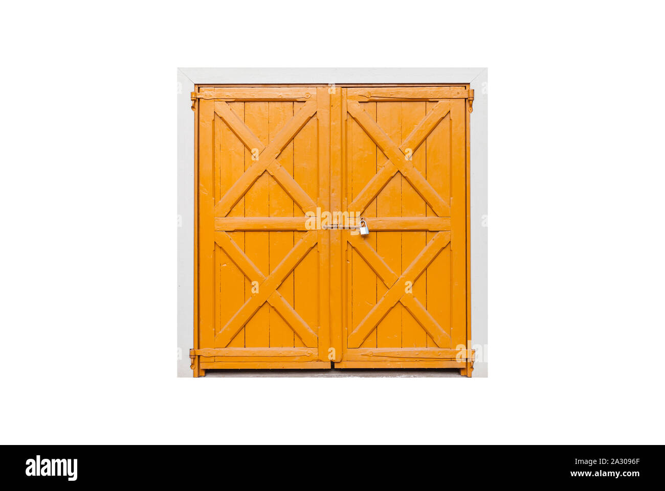 Locked yellow gate with padlock isolated on white background, photo ...