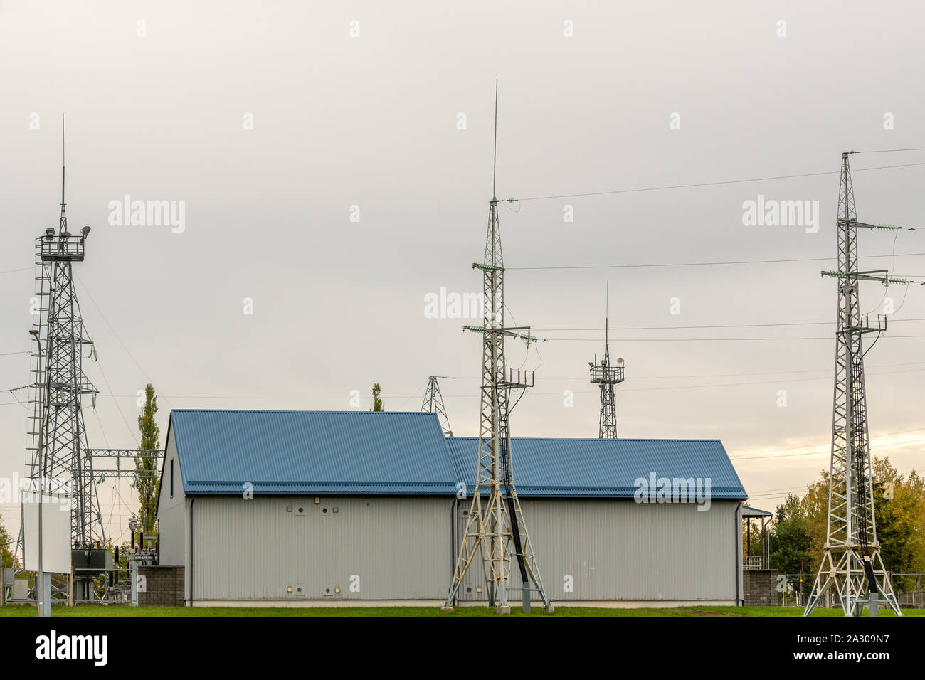 Buildings and towers of high voltage power transformer substation Stock ...