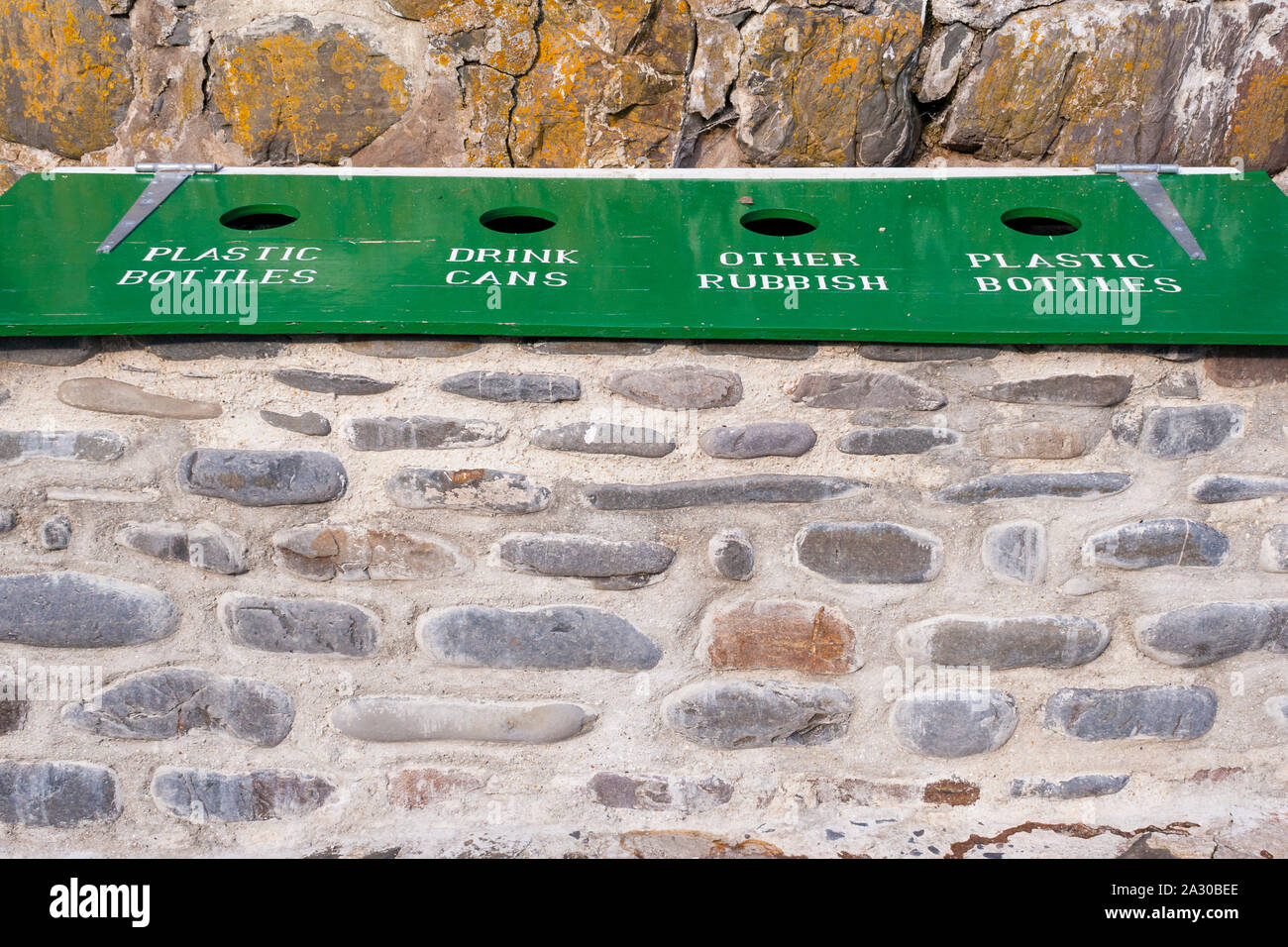 Environmentally friendly easy sort rubbish bins at Clovelly harbour in ...