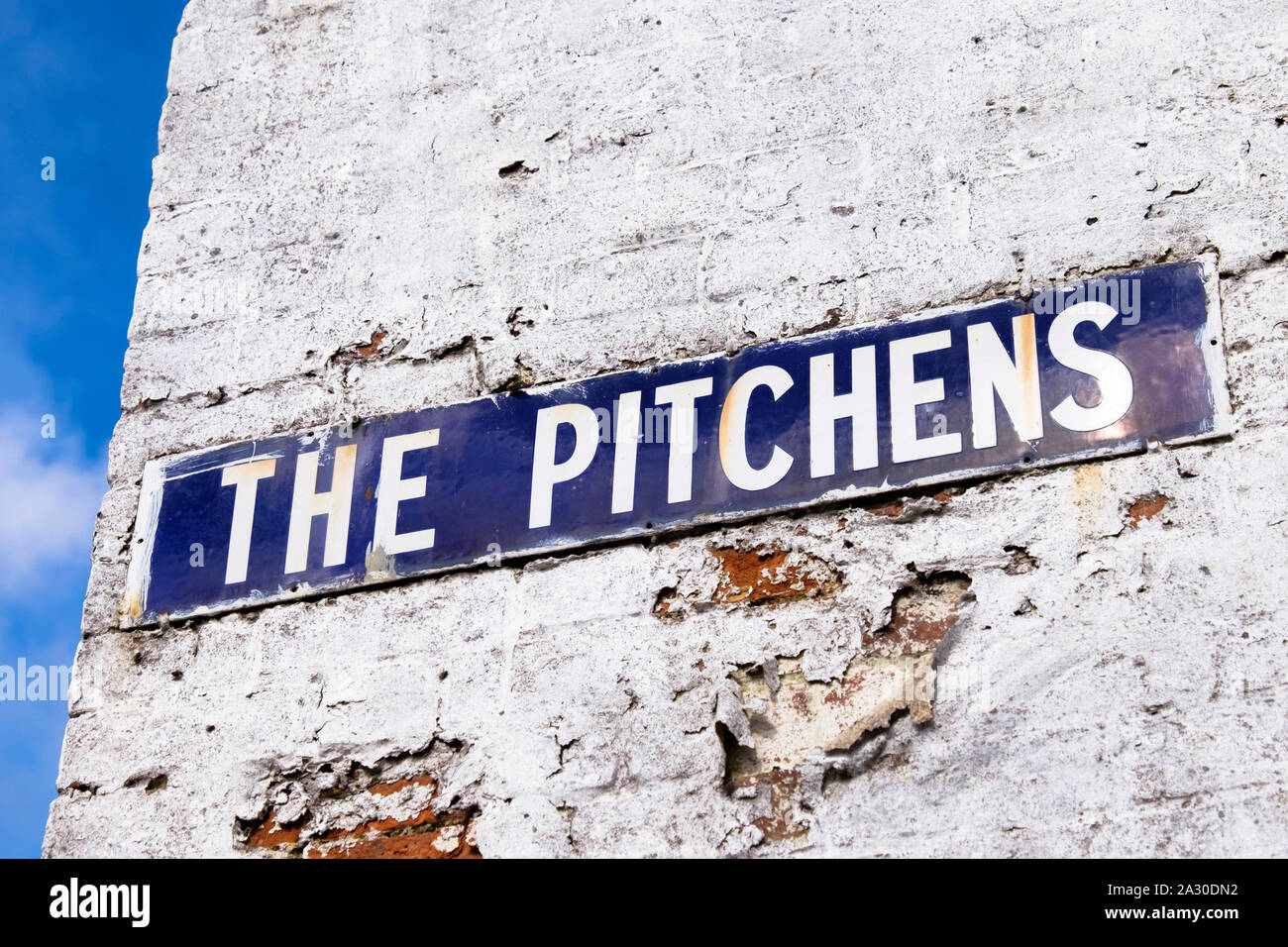 The Pitchens in Wroughton Wiltshire. An Old weathered sign Stock Photo ...