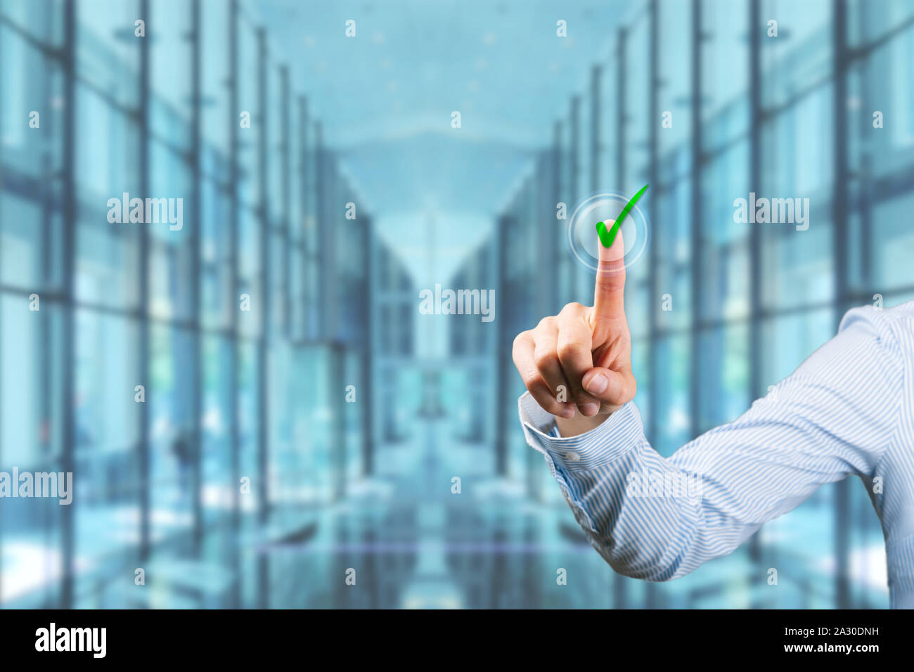 Businesswoman making choice on media screen, pressing check mark ...