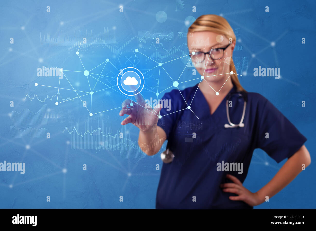 Doctor touching blue screen with virtual hospital concept Stock Photo ...
