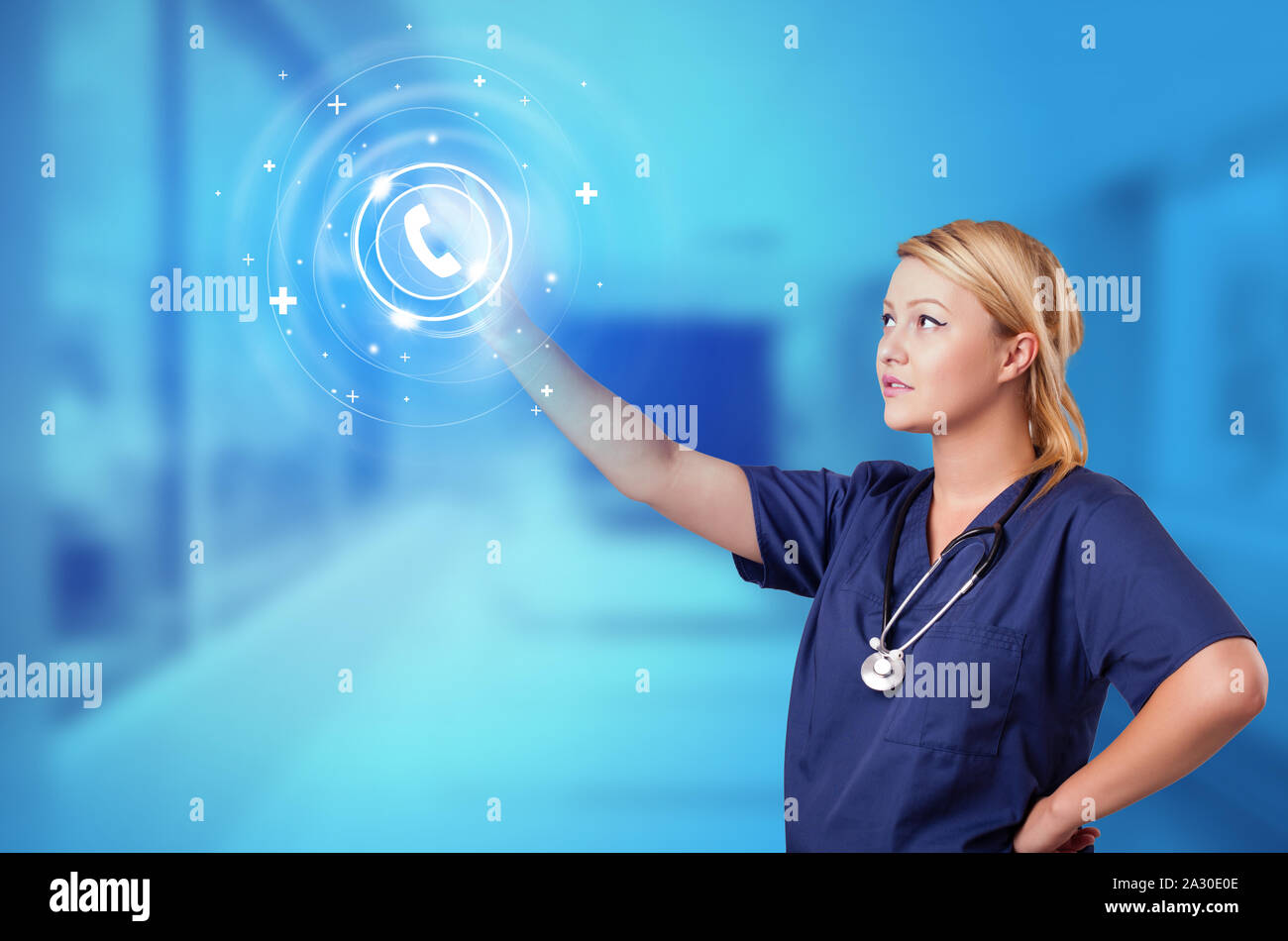 Doctor touching blue screen with call center concept Stock Photo - Alamy