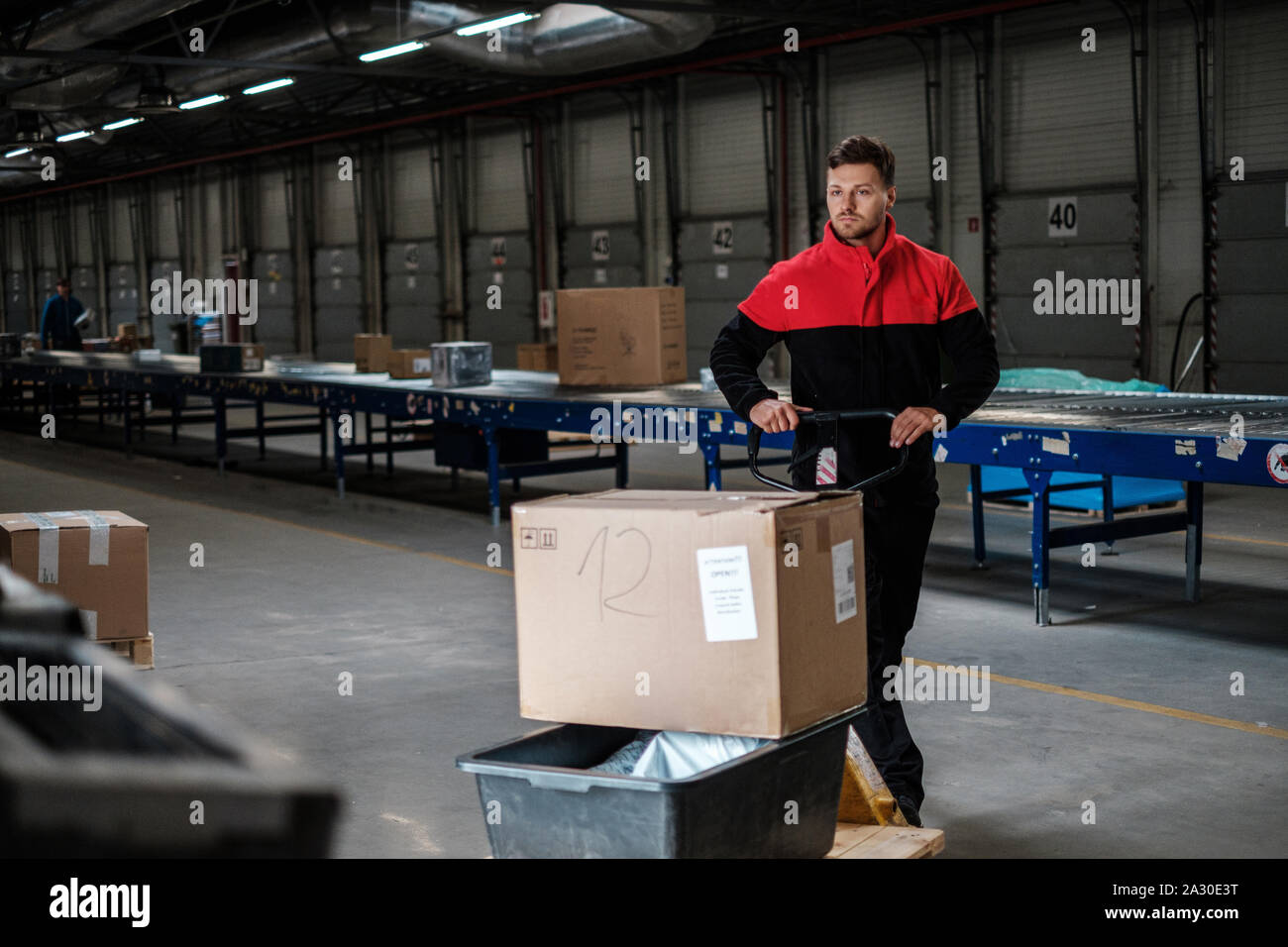 Warehouse worker with a pallet rack Stock Photo - Alamy