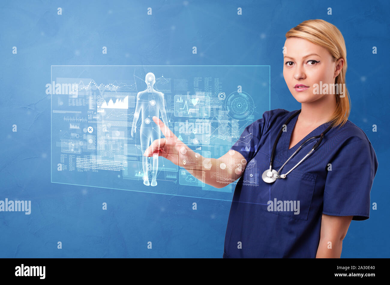 Doctor touching blue screen with full body analyze concept Stock Photo ...