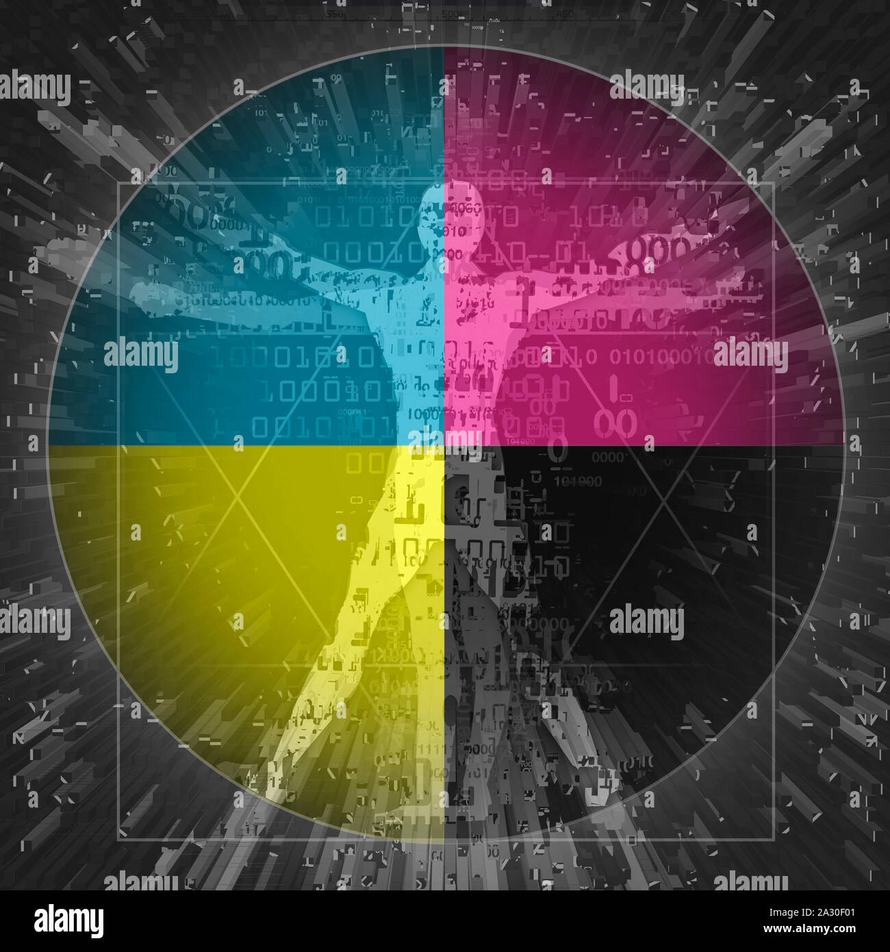 Vitruvian man with binary codes on CMYK color circle. Futuristic ...