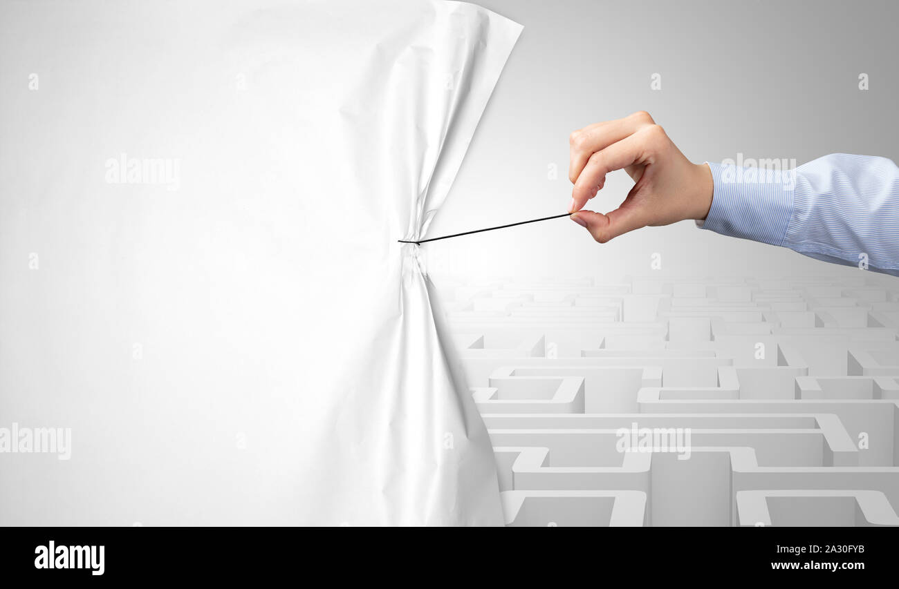 Hand pulling paper curtain, changing scene concept Stock Photo - Alamy