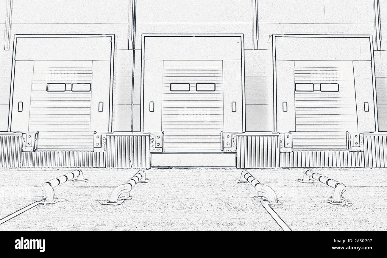 Large distribution warehouse with gates for loading goods. Sketch ...