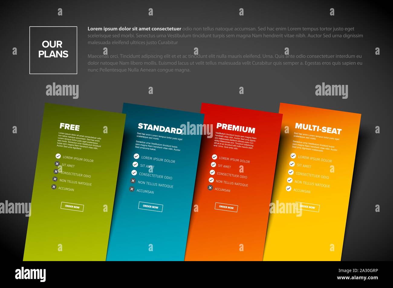 Product features schema template cards with four services subscription ...