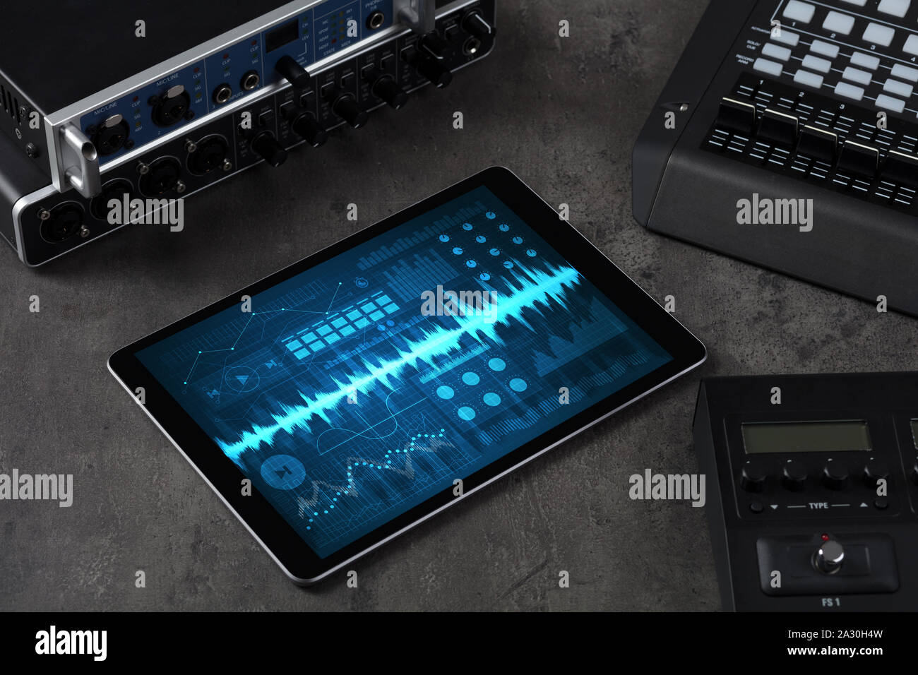 Music instruments and tablet with recording sound concept Stock Photo ...
