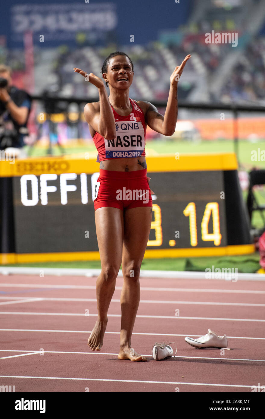 Salwa Eid Naser of Bahrain celebrates during the women's 400m-IAAF ...