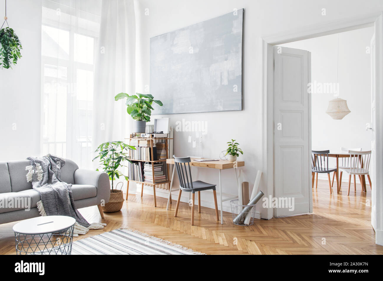 Stylish interior design of open space at nice apartment Stock Photo - Alamy