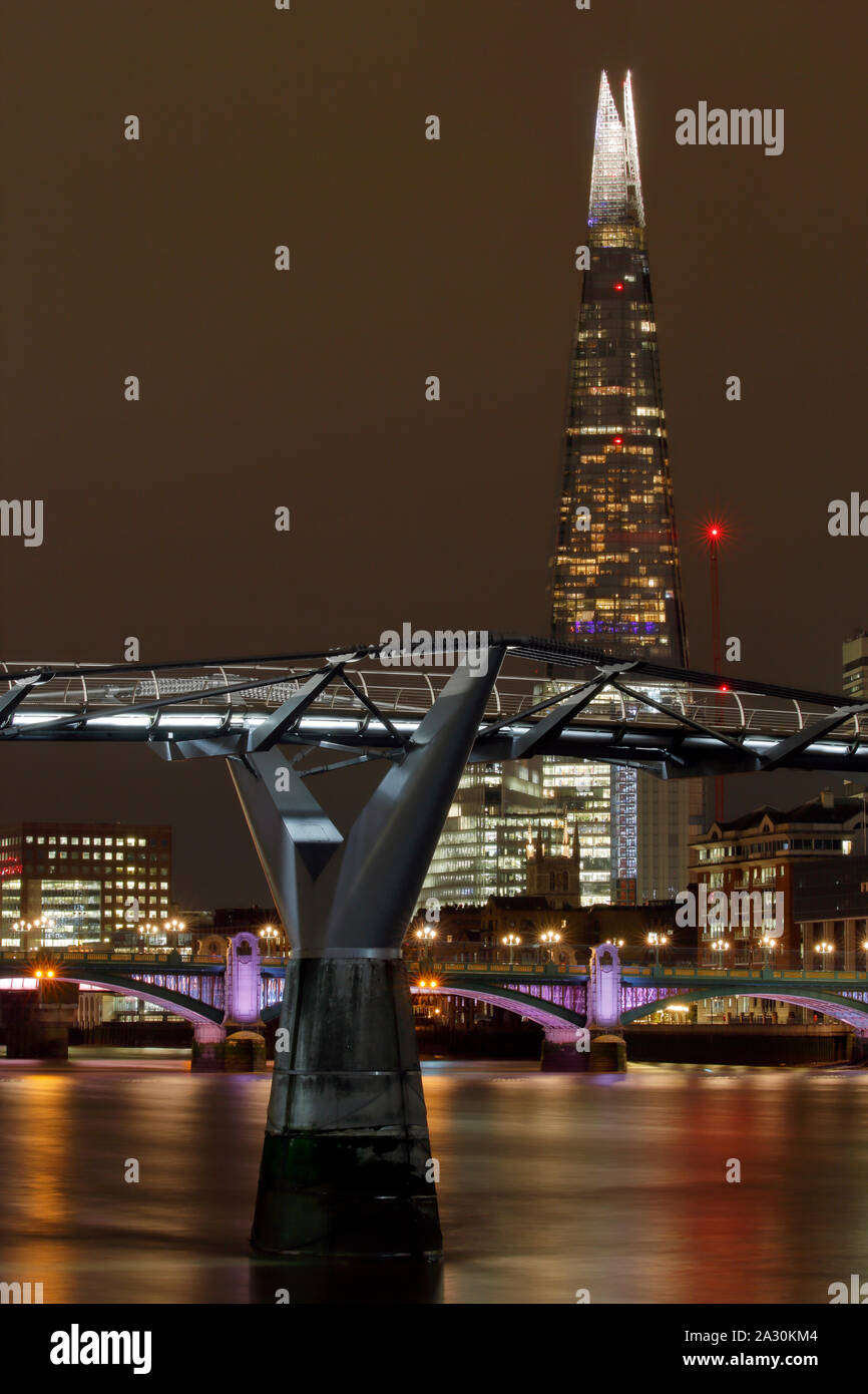 The Millennium Bridge and The Shard, London at night, long exposure ...