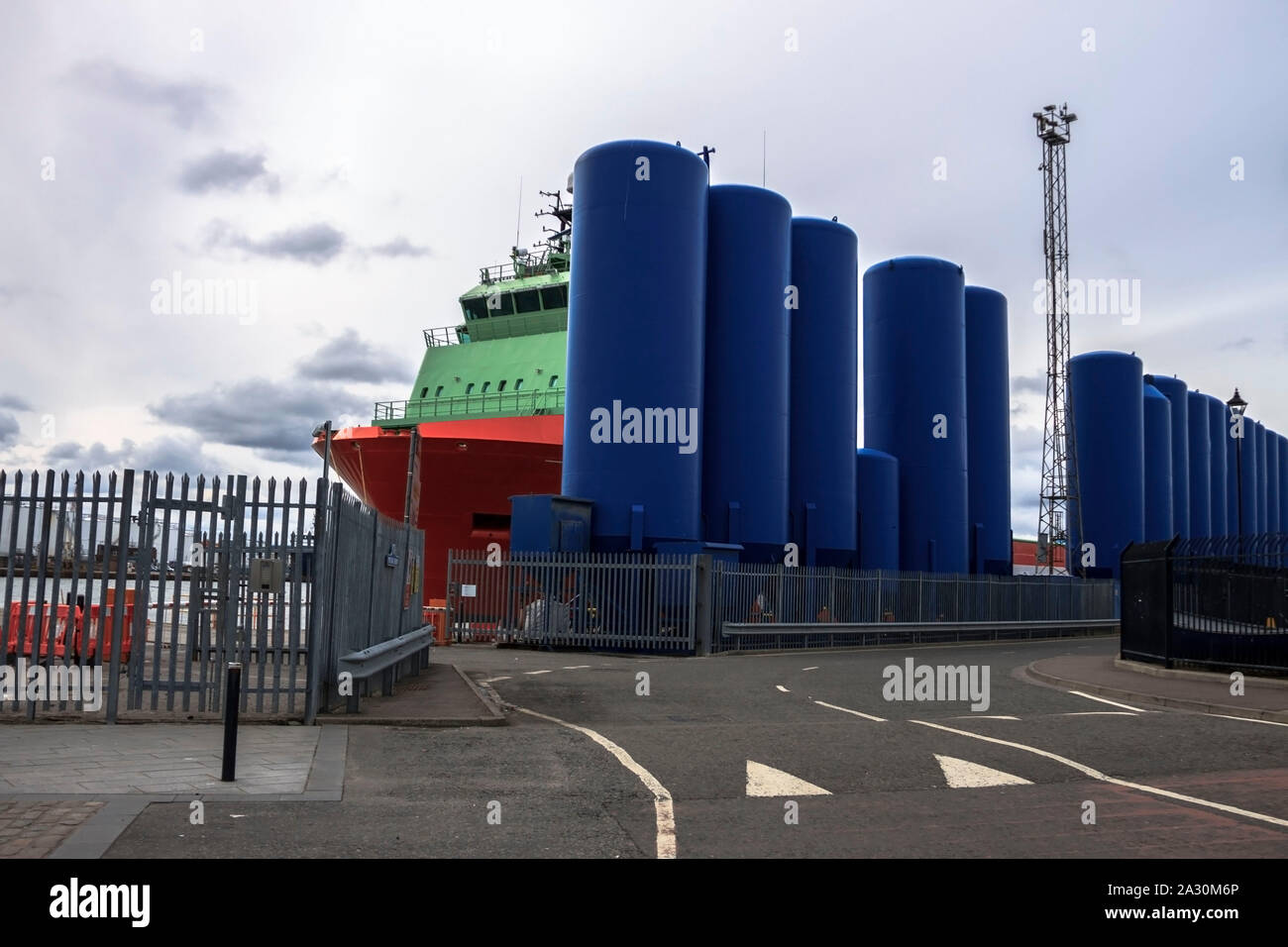 Large vessel and containers. Harbour in Aberdeen, Scotland, UK Stock ...