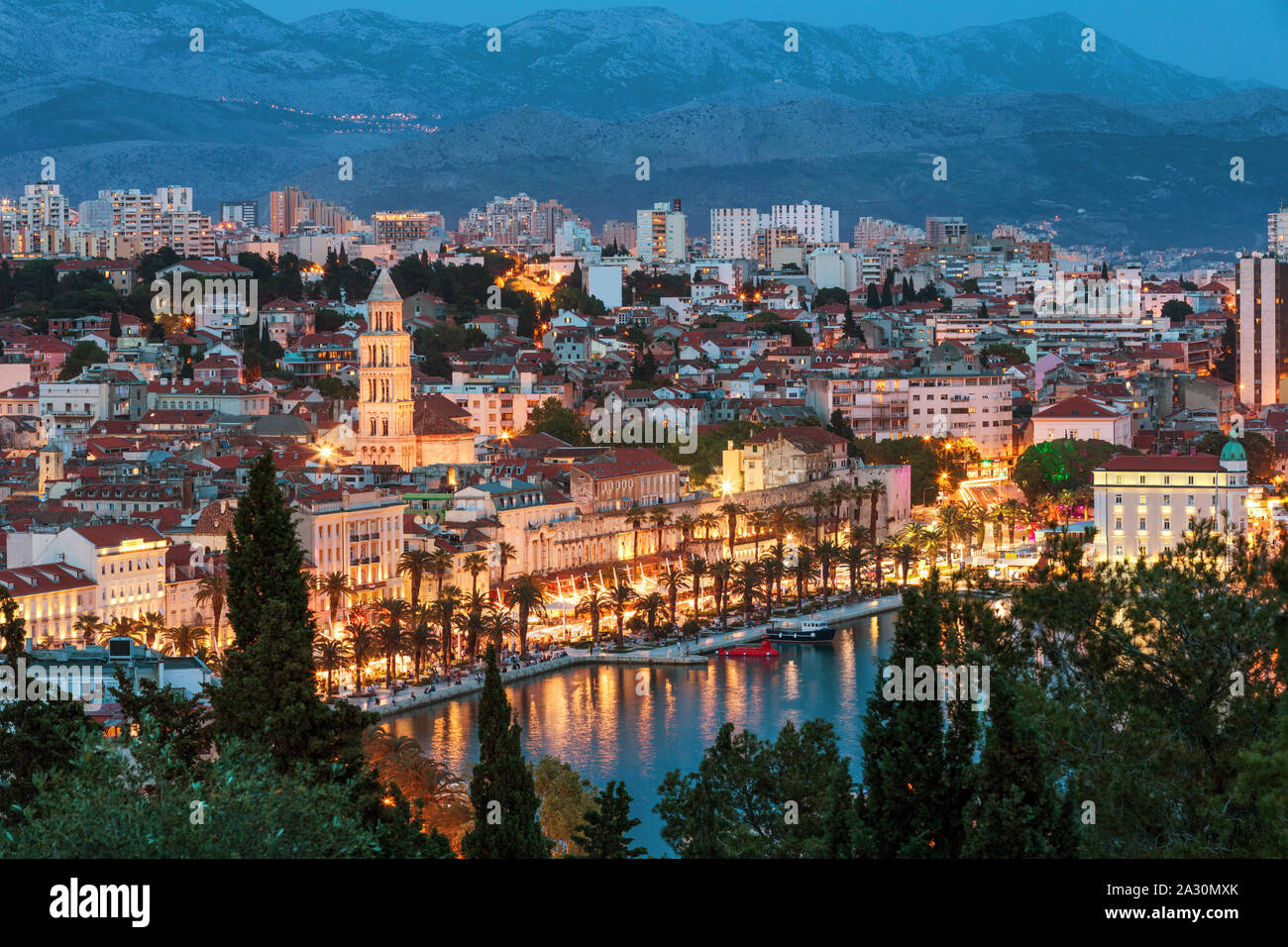 Amazing Split city waterfront panorama at blue hour, Dalmatia, Europe ...