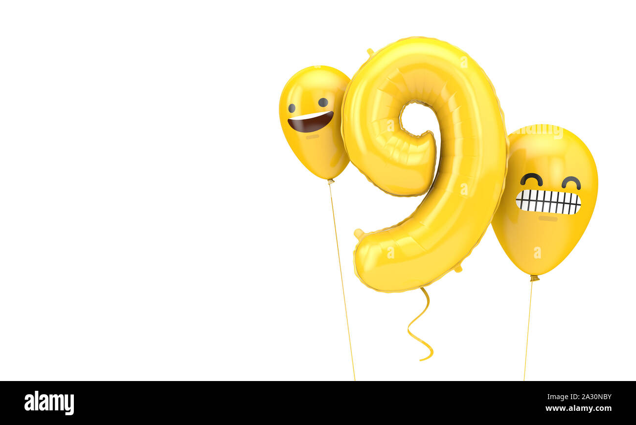 Number 9 birthday ballloon with emoji faces balloons. 3D Render Stock ...