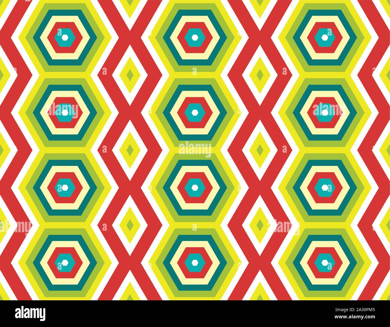 Vector seamless geometric pattern. White, turquoise, red, yellow, green ...