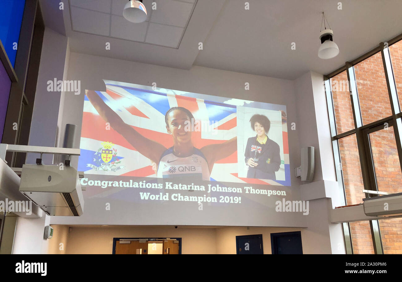 A projector with a tribute to Great Britain's Katarina Johnson-Thompson ...