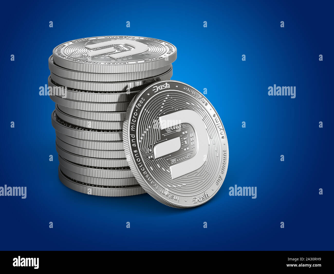 Pile or stack of silver Dash coins with 2019 logo update, isolated on ...