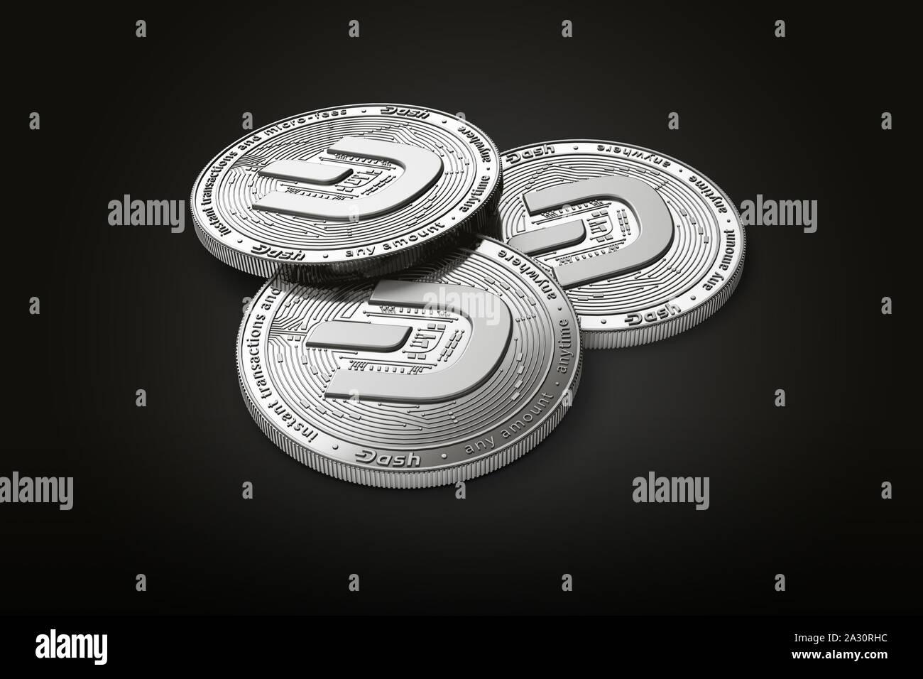Stack of three silver Dash coins with 2019 logo update, isolated on ...
