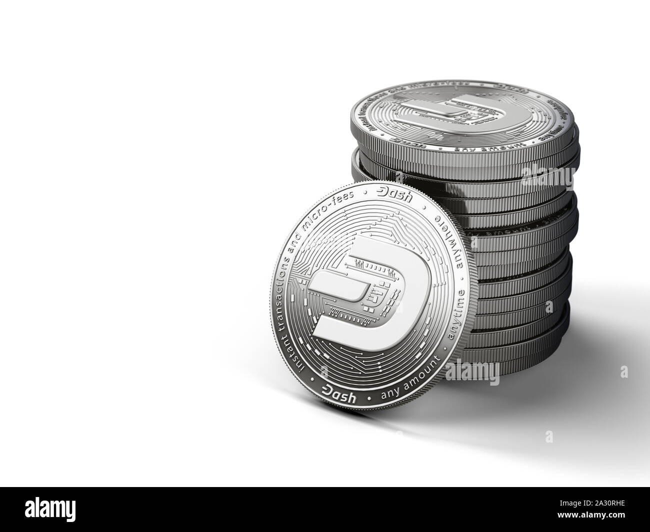 Pile of silver Dash coins with 2019 logo update, isolated on white ...