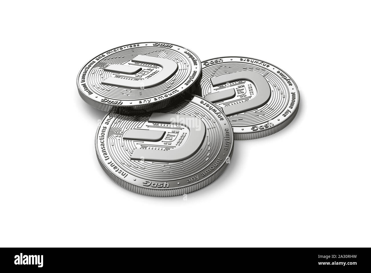 Stack of three silver Dash coins with 2019 logo update, isolated on ...
