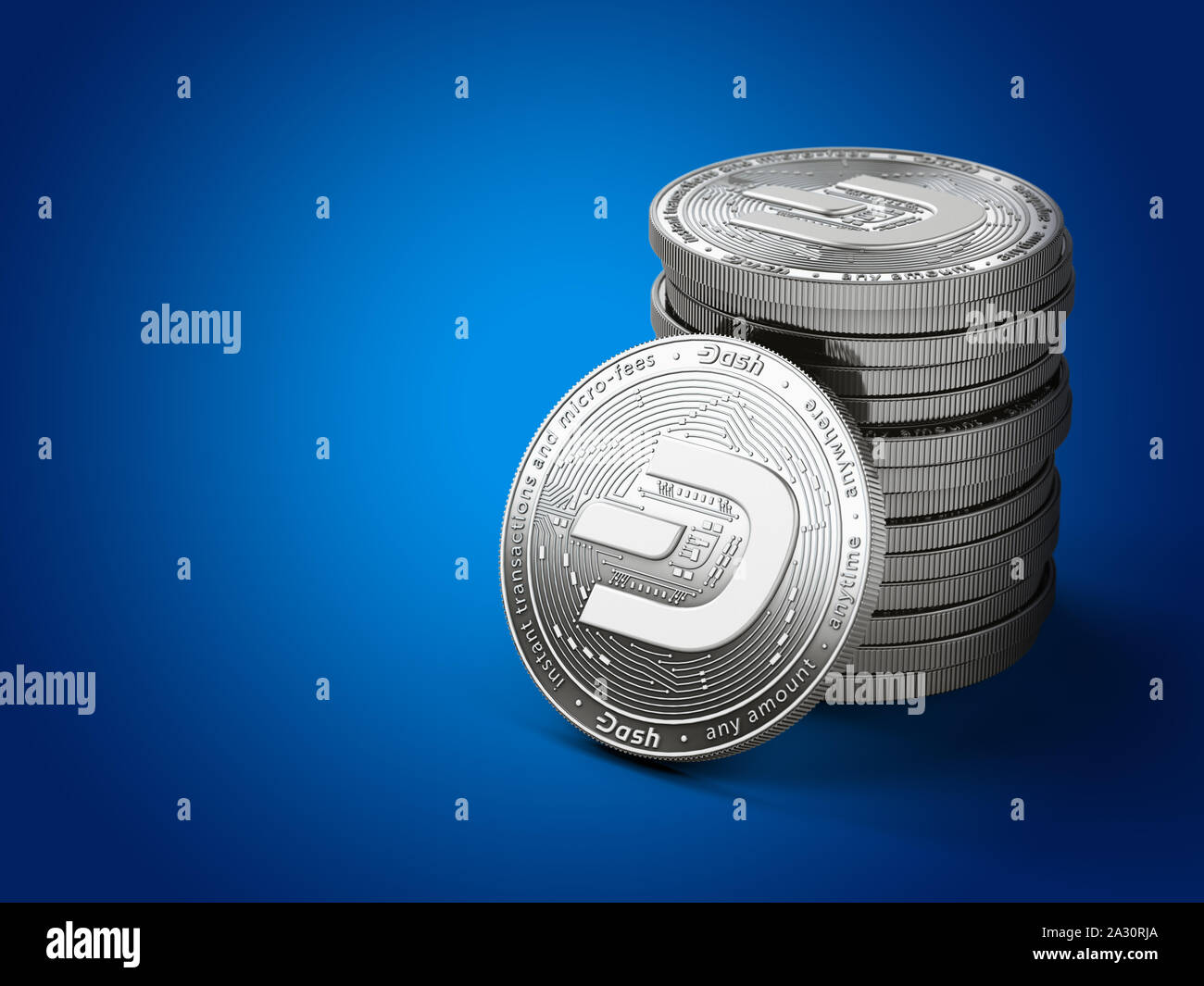 Pile of silver Dash coins with 2019 logo update, isolated on blue ...