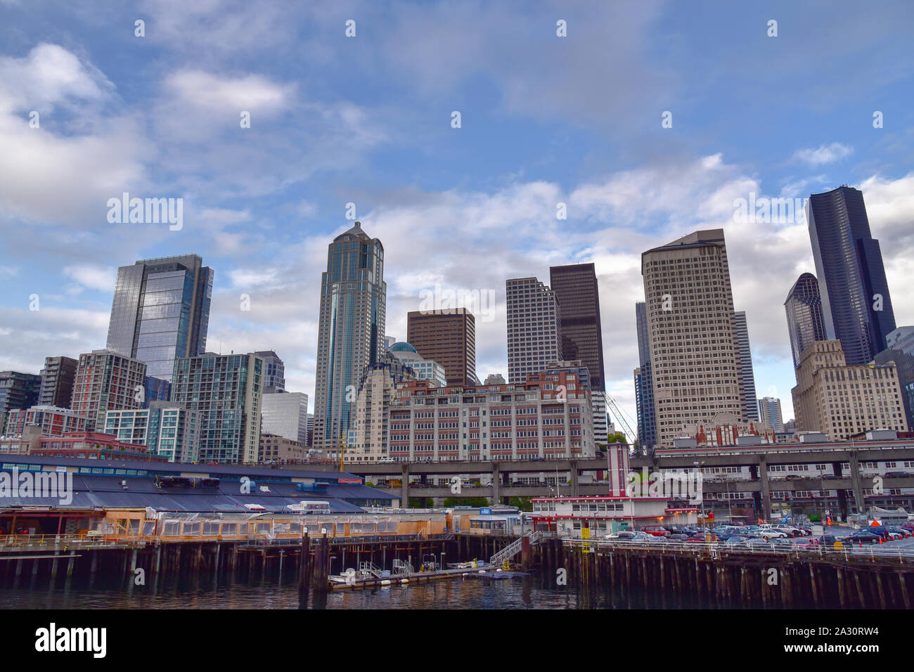 Seattle Washington skyline viewed from a boat on the waterfront Stock ...