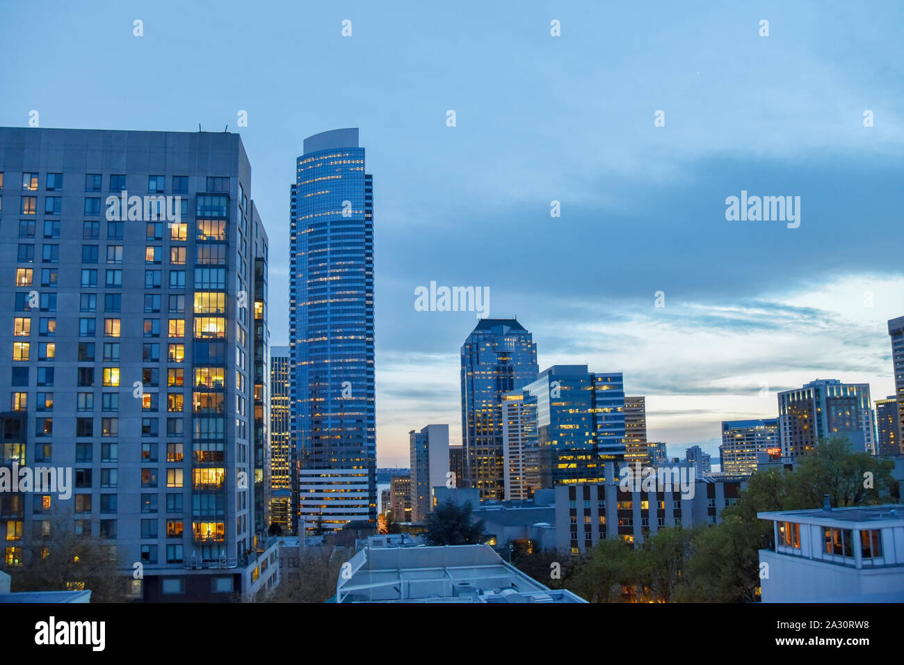 Seattle Washington skyline viewed from a downtown rooftop Stock Photo ...