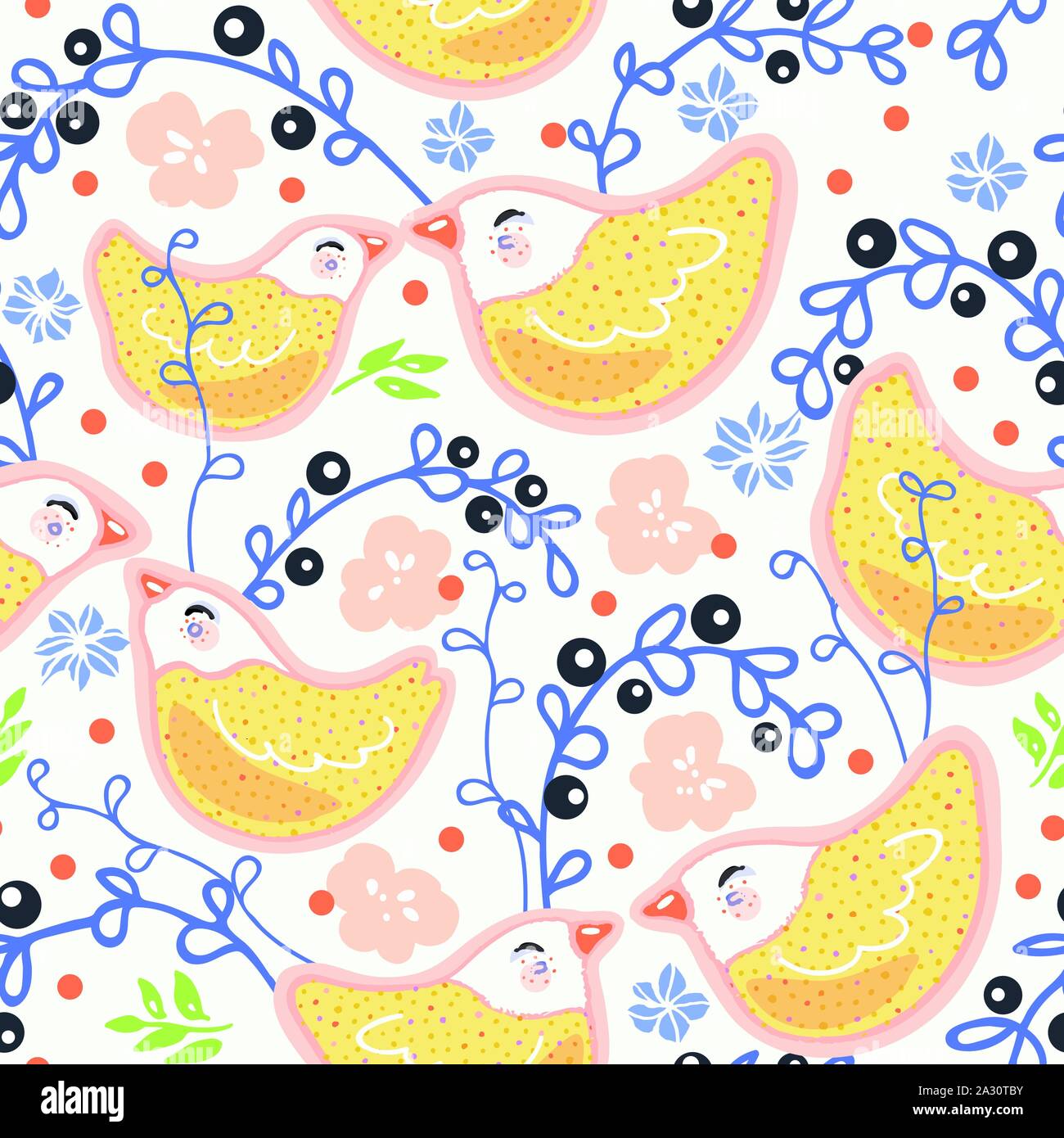 Seamless vector folk art style sugar bird pattern with cute bird couple ...