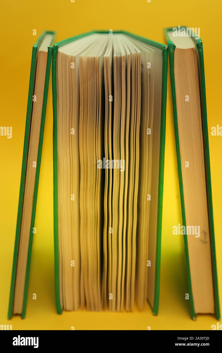 Book standing vertically over a yellow background Stock Photo - Alamy