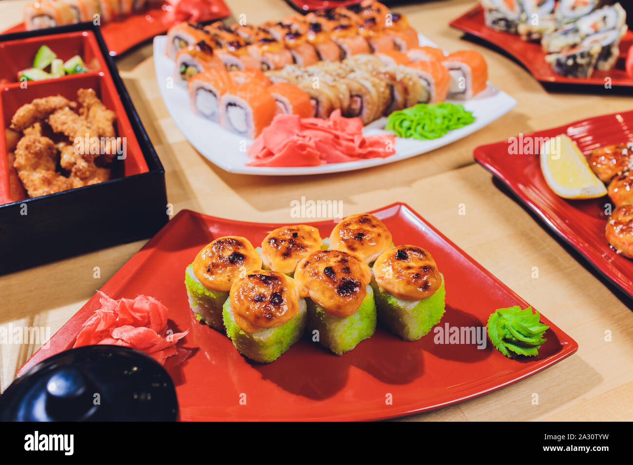 Japanese food mix on a restaurant table Stock Photo - Alamy