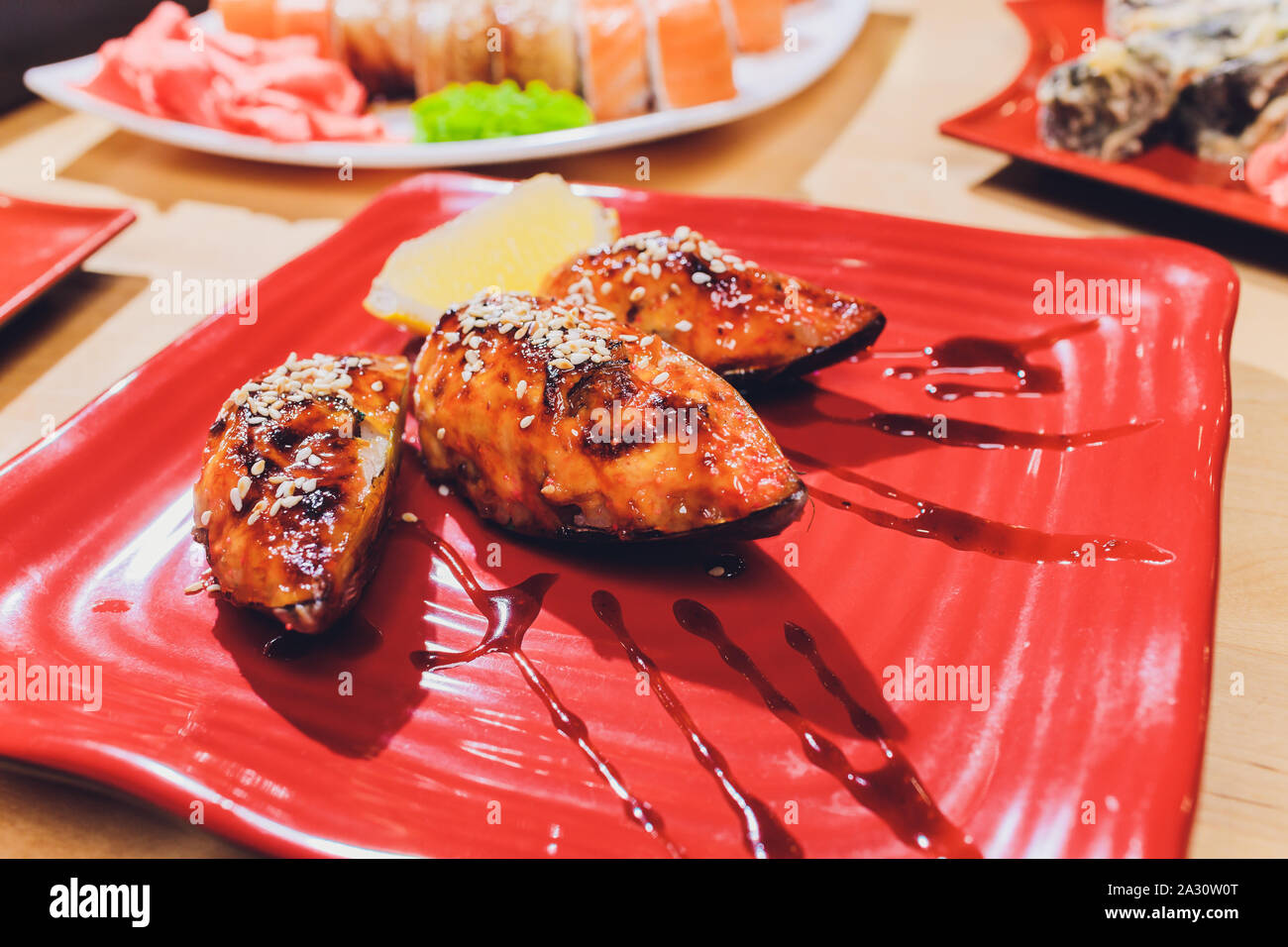 Japanese food mix on a restaurant table Stock Photo - Alamy