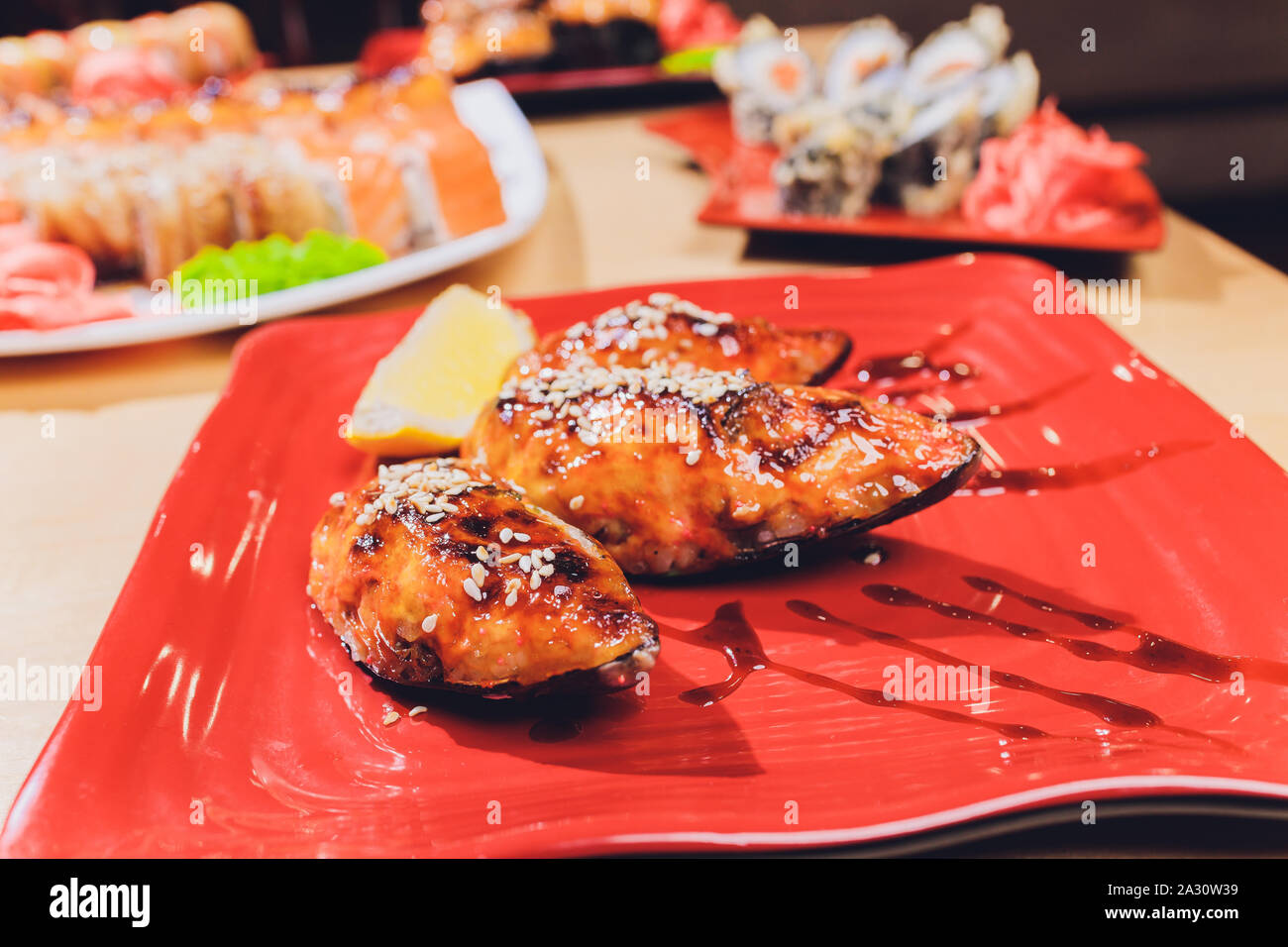Japanese food mix on a restaurant table Stock Photo - Alamy
