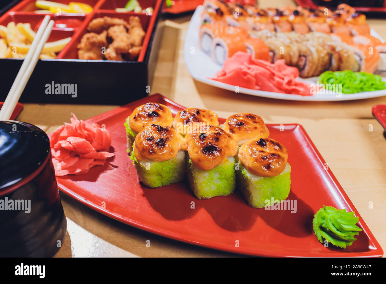 Japanese food mix on a restaurant table Stock Photo - Alamy