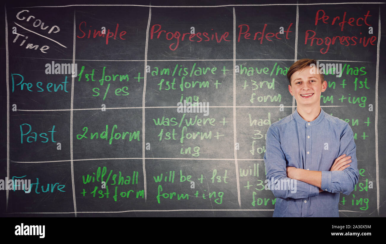 Positive teenage student boy keeps hands folded, tooth smile, stands in ...