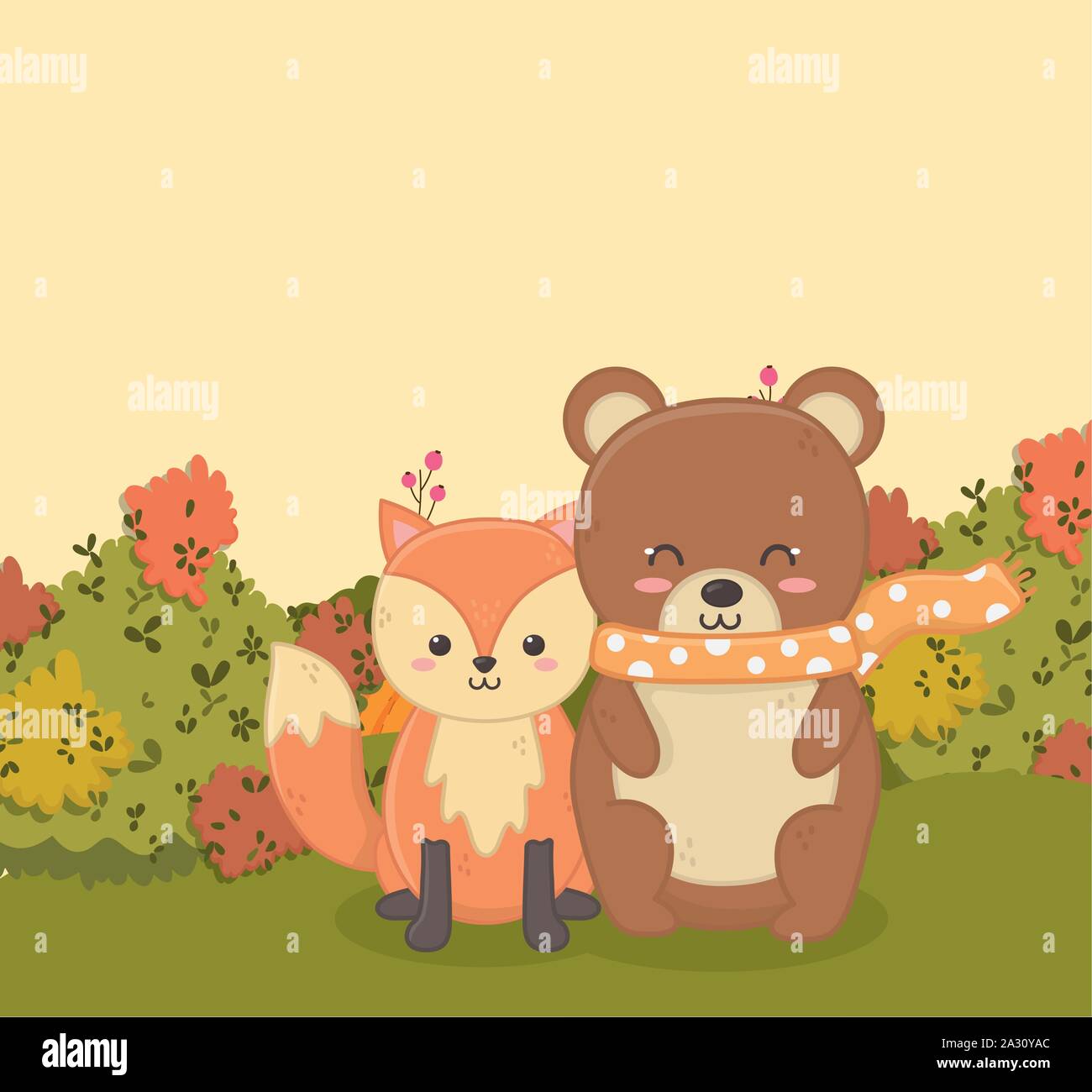 cute bear and fox sitting in the forest hello autumn vector ...