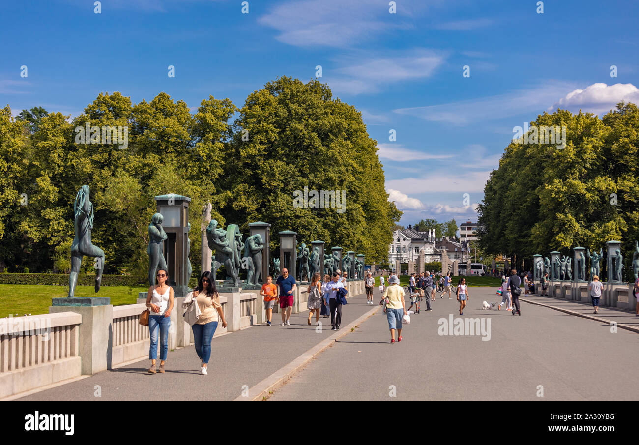 OSLO, NORWAY - People cross bridge in Vigeland Sculpture installation ...