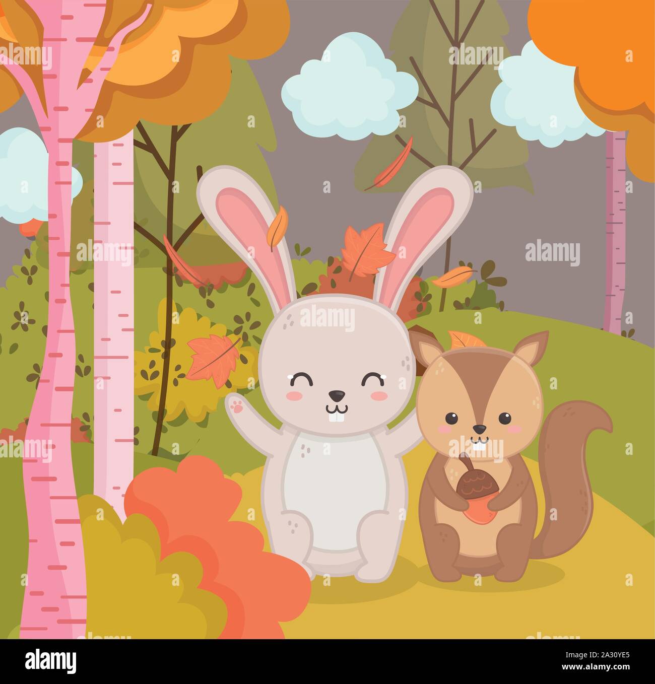 cute rabbit and squirel with acorn forest trees foliage hello autumn ...